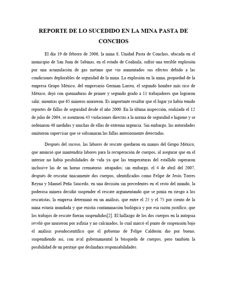 Reporte de Lo Sucedido en La Mina Pasta de Conchos | PDF
