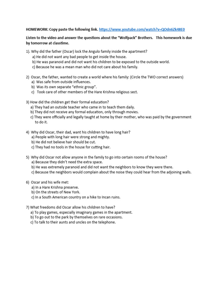 HOMEWORK Listening Comprehension Wolfpack | PDF