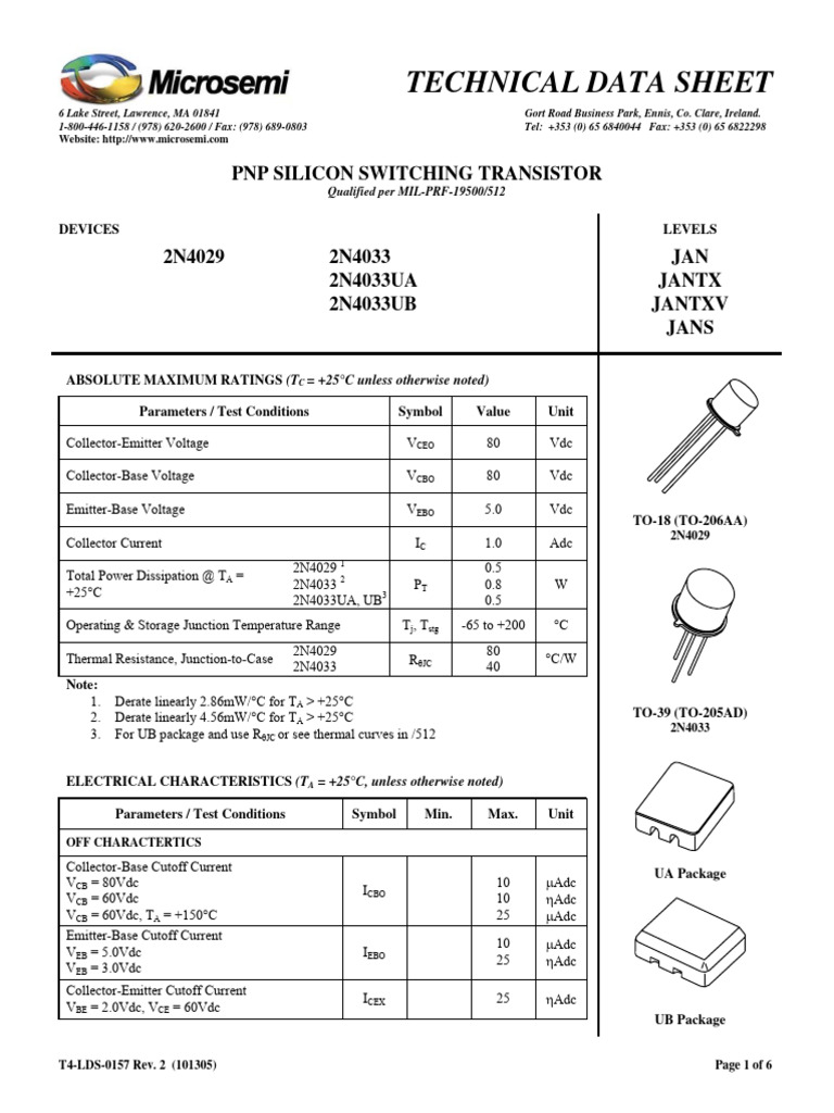 2N4029, 2N4033 (U, Ua, Ub) | PDF | Bipolar Junction Transistor | Electrical Engineering