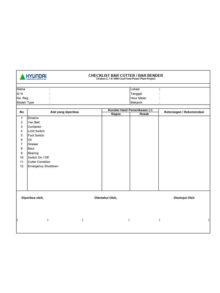 Form Checklist Bar Cutter Bar Bender - Rev.01 (Print) | PDF