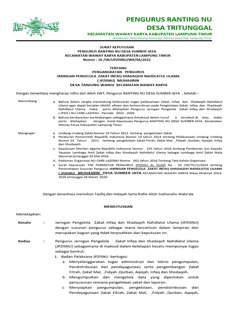 SK Jpzisnu Muhajiri Pengangkatan Oleh Ranting Nu | PDF