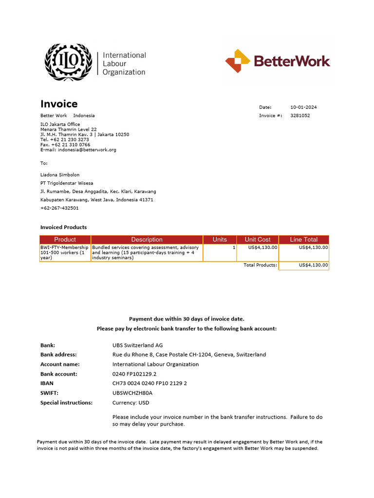 Better Work Invoice #3281052 - TWI | PDF | Finance & Money Management