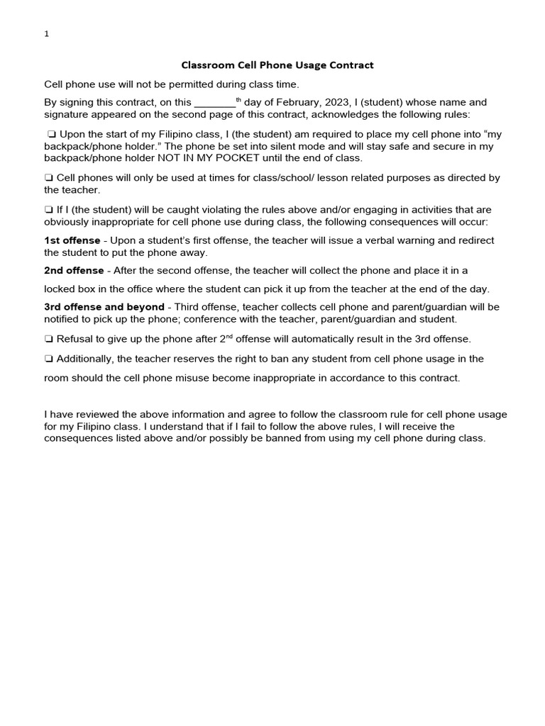 Classroom Cell Phone Usage Contract | PDF
