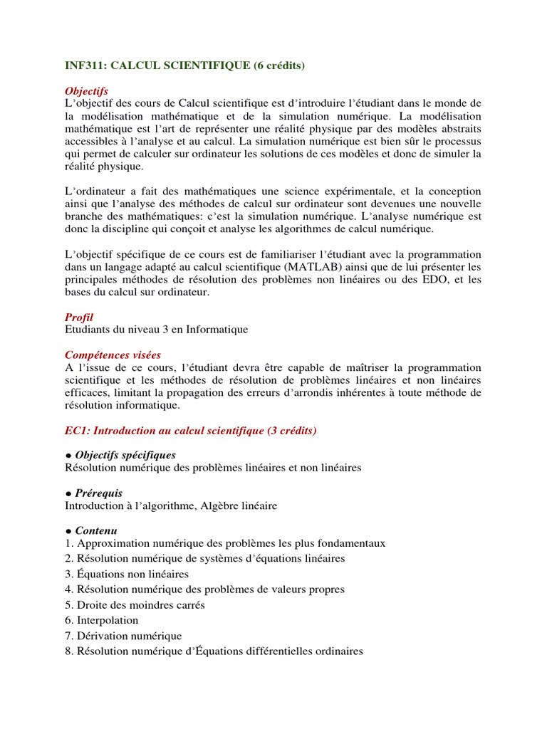 Calcul scientifique et programmation MATLAB | PDF | Analyse numérique ...