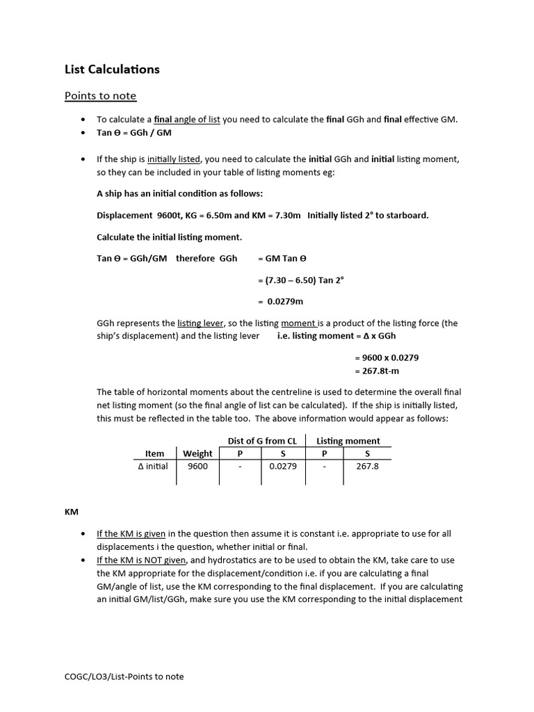 Ship Listing Moment Calculations Guide | PDF | Classical Mechanics ...