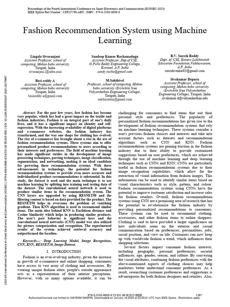 Fashion Recommendation System Using Machine Learning Pdf Deep Learning Artificial Neural