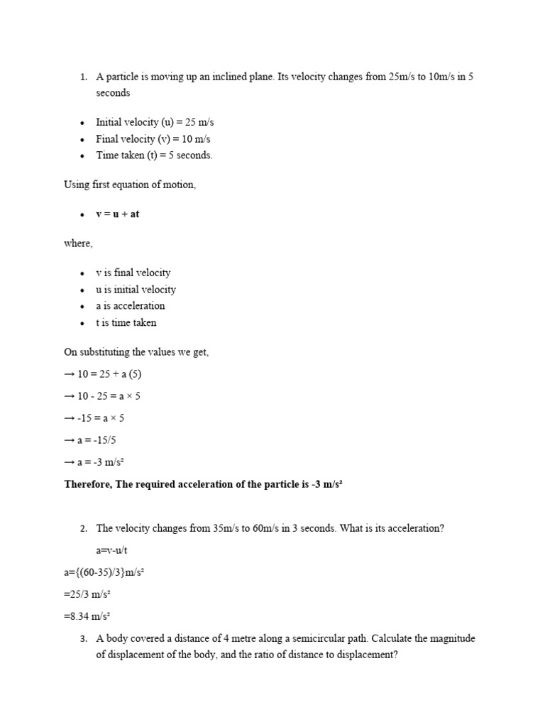 Numericals Solution | PDF | Velocity | Acceleration