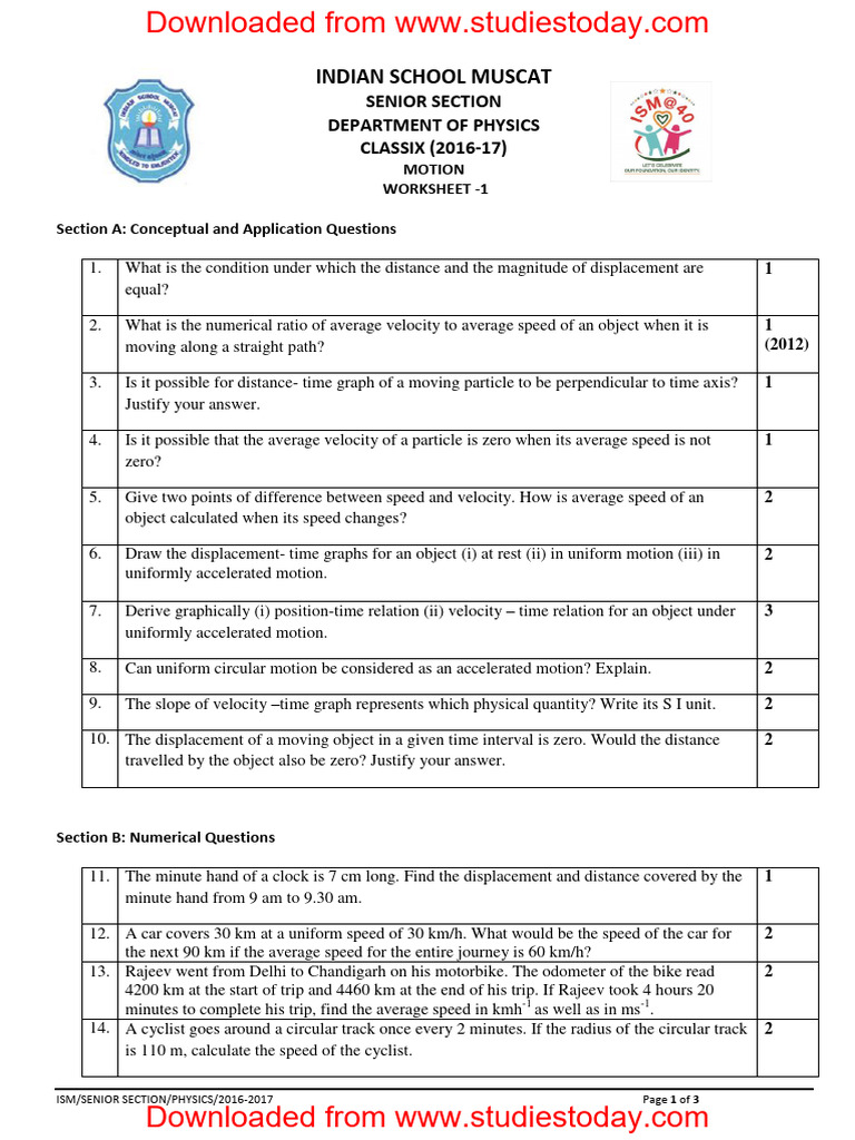 CBSE Class 9 Science Worksheet - Motion - 1 | PDF | Speed | Velocity