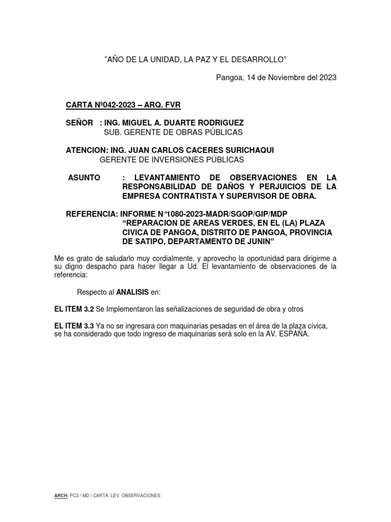 2023 Carta Lev Obs Muni Pangoa Plaza Cvica | PDF