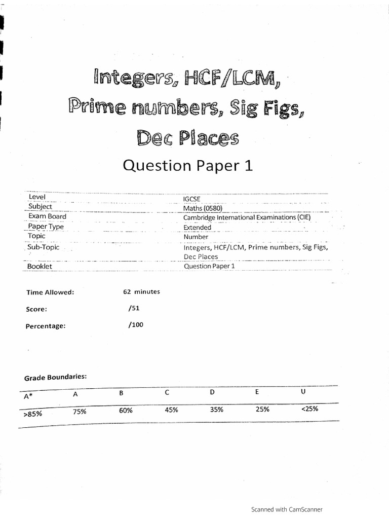 (PAPER 1) Integers, HCF, LCM, Prime Numbers, Significant Figures, Decimal Places | PDF