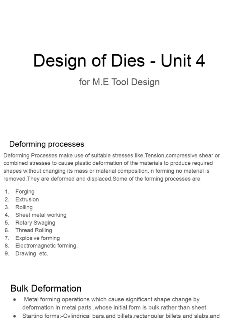 Design of Dies - Unit 4 | PDF | Forging | Forge