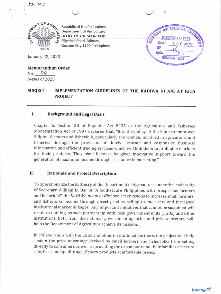 Da Memorandum Order No 6 Implementation Guidelines of The Kadiwa Ni Ani at Kita Project | PDF ...