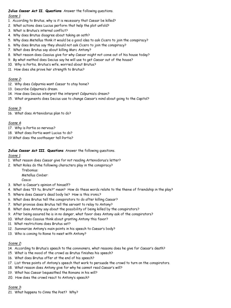 Julius Caesar Acts II and III Questions | PDF | Julius Caesar | Mark Antony