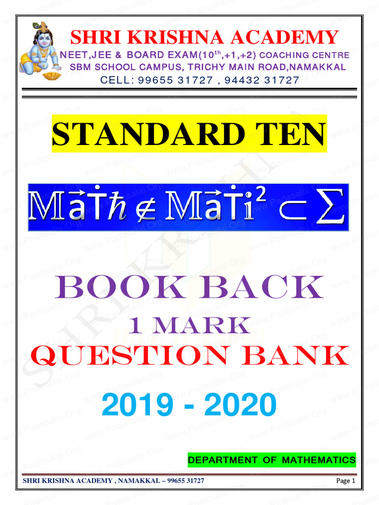 91 10th Maths Book Back One Mark Questions With Key English Medium | PDF