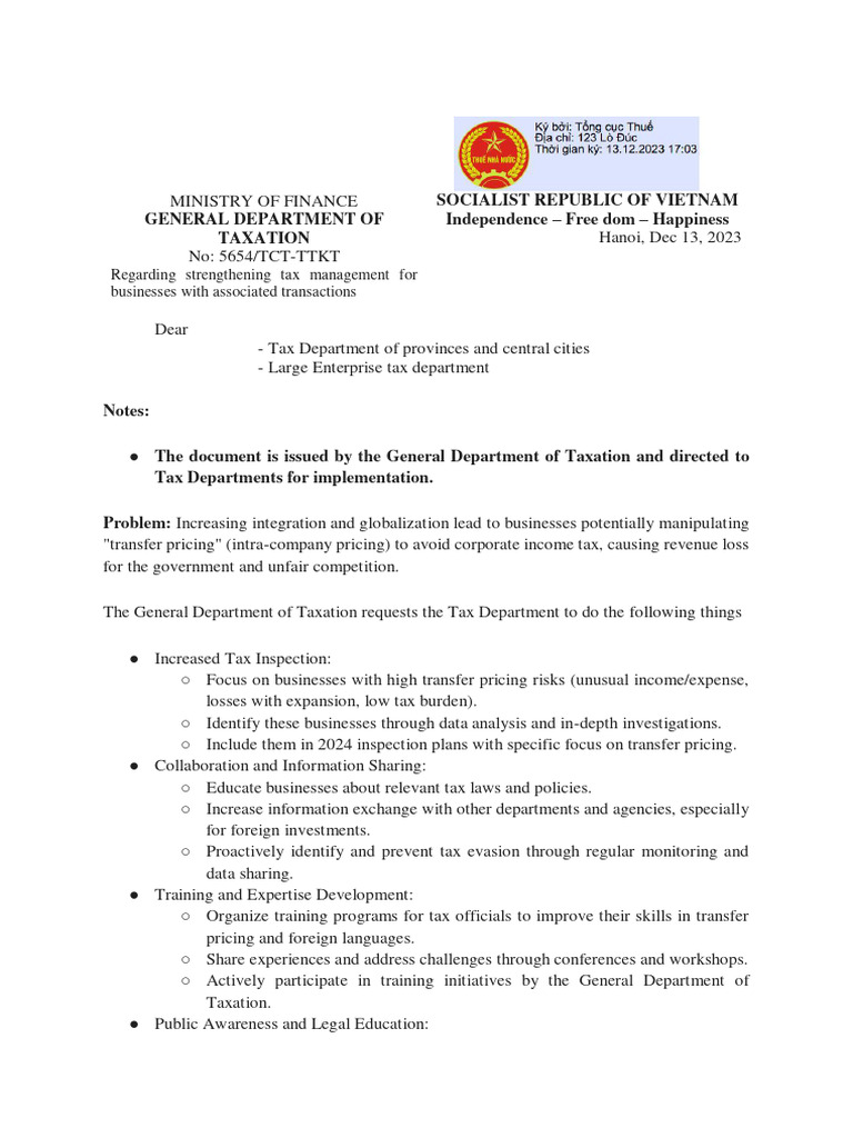 Summary of Official Dispatch 5654TCT-TTKT | PDF | Taxes | Pricing