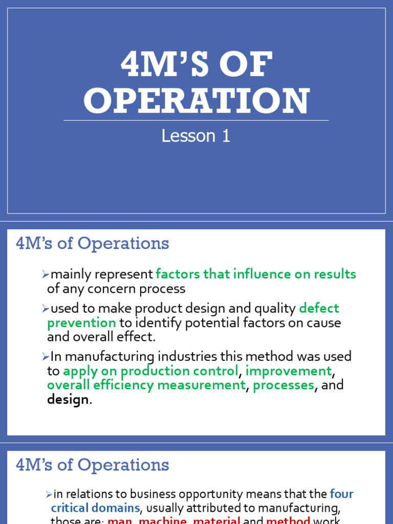 Lesson 1 (4M’s of Operation) | PDF | Lean Manufacturing | Employment