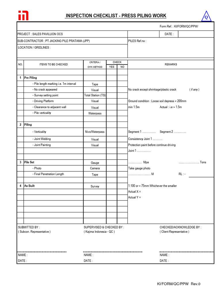 Inspection Checklist for PRESS PILING WORK | PDF | Mechanical Engineering | Civil Engineering