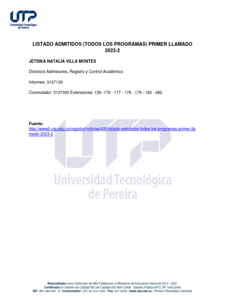 Listado Admitidos Todos Los Programas Primer Llamado 2023-2 | PDF | Negocios | Informática
