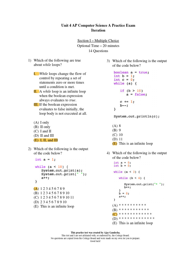 Unit 4 Ap Computer Science Practice Exam New Pdf Control Flow Boolean Data Type