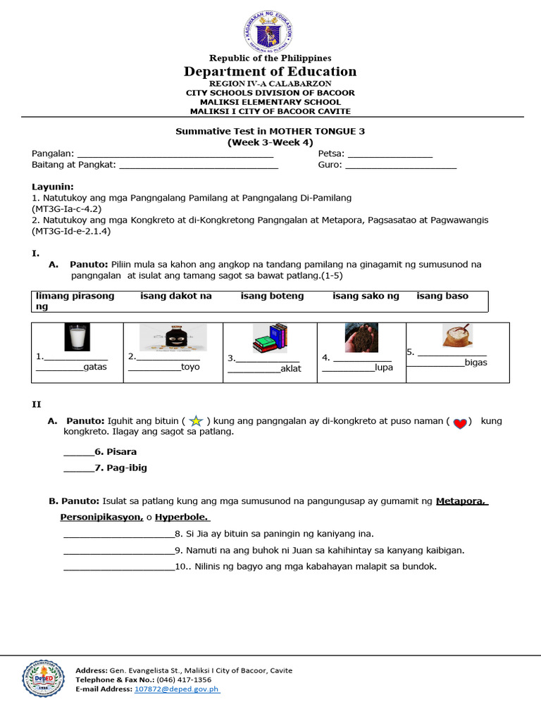 Grade Three-MTB - Summative-Test-Week 3-Week 4 | PDF