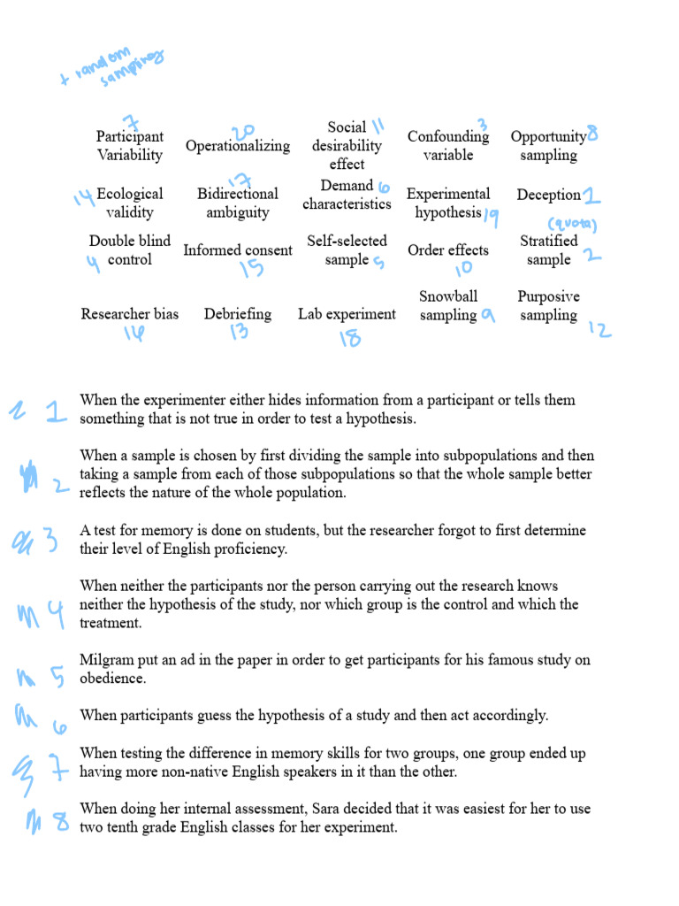 Research Methods Vocab | PDF | Sampling (Statistics) | Experiment