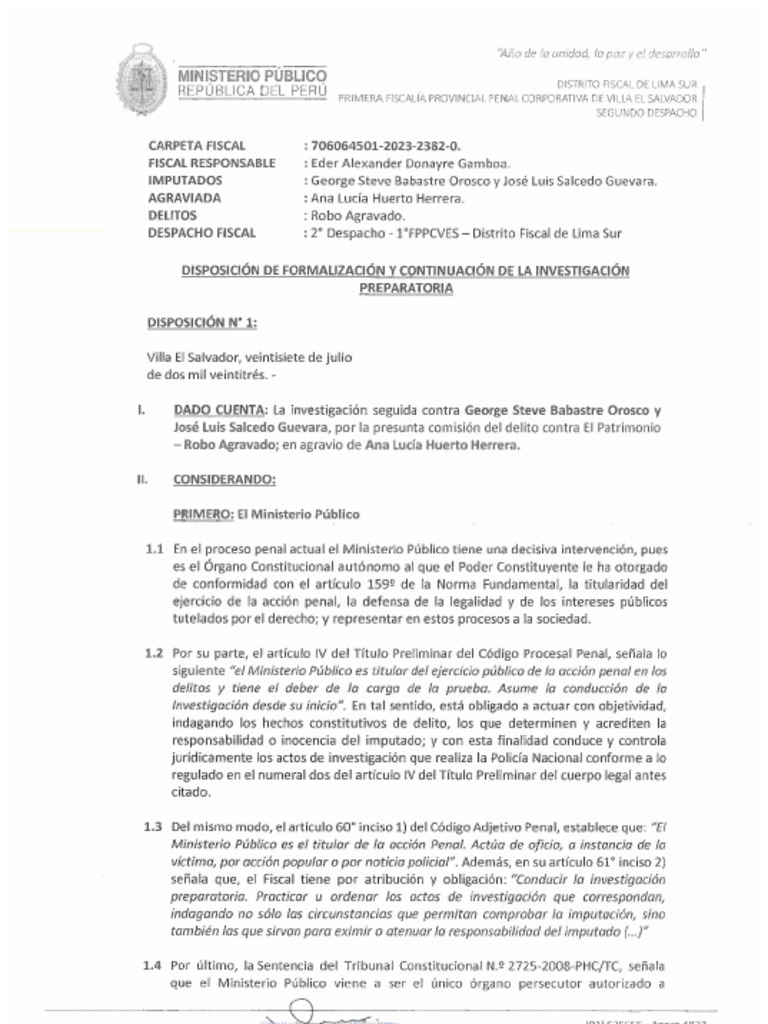 CASO 2382-2023 SE NOTIFICA LA Disposición N.° 01 Disposición de Formalizacion y Continuacion de ...