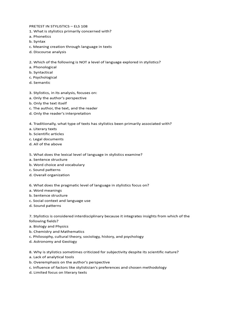 Stylistics Pretest: Language Analysis Quiz | PDF | Social Science ...