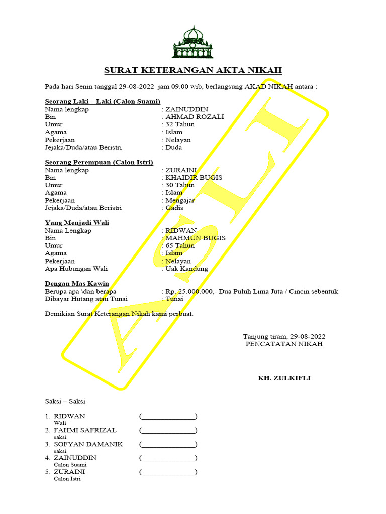 SURAT KETERANGAN AKTA NIKAH Terbaru | PDF