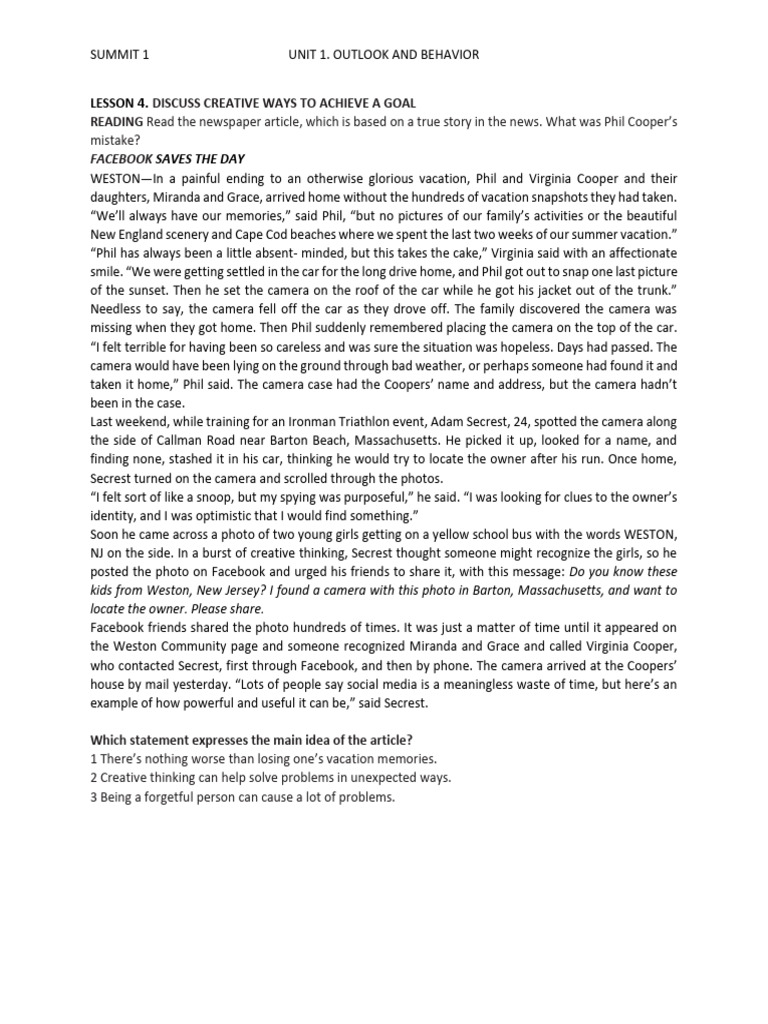 Summit 1 Unit 1 Lesson 4 | PDF | Thought