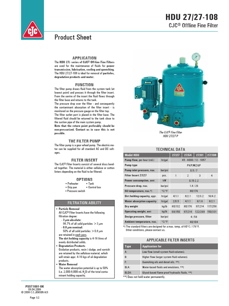 HDU 27 Product Sheet | PDF | Pump | Filtration