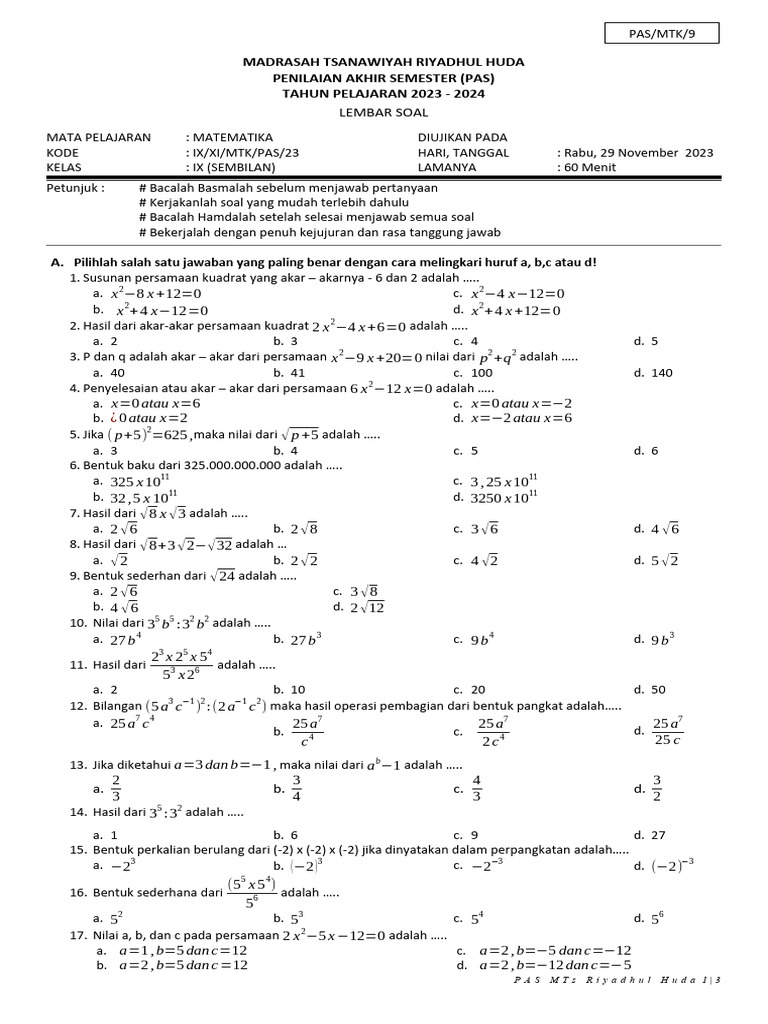 Soal Asas MTK KLS 9 2023 | PDF