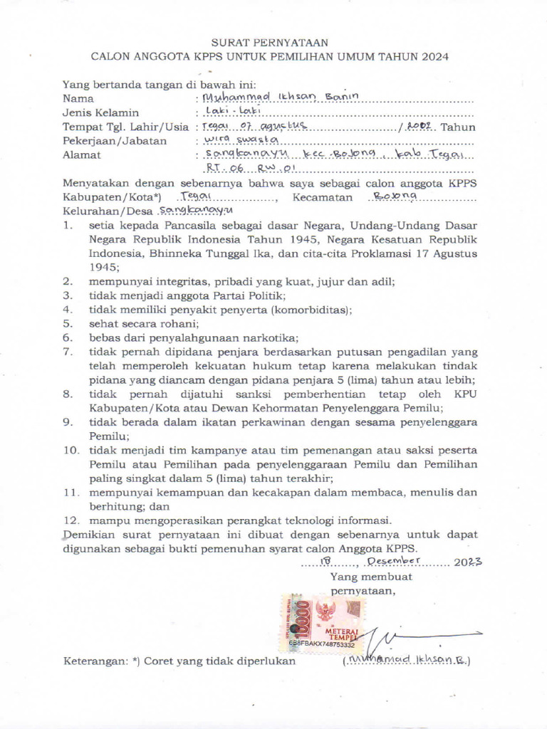 Peranytaan Muhamad Ihsan Banin Kpps Desa Sangkanayu Tps 4 | PDF