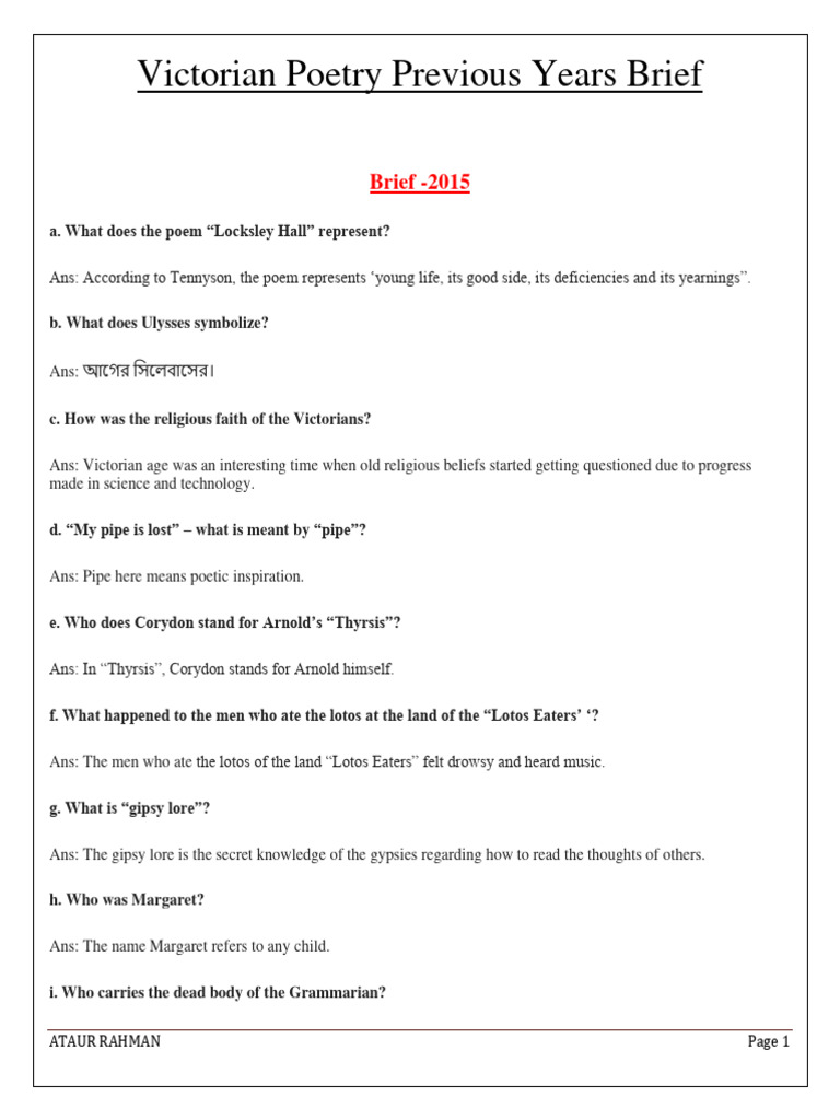 Victorian Poetry: Key Questions & Answers | PDF | Poetry