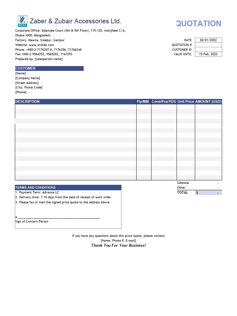 Quote Template Pdf Spreadsheet Worksheet