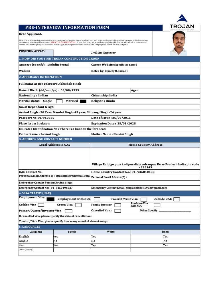 Pre-Interview Form | PDF | United Arab Emirates | Travel Visa