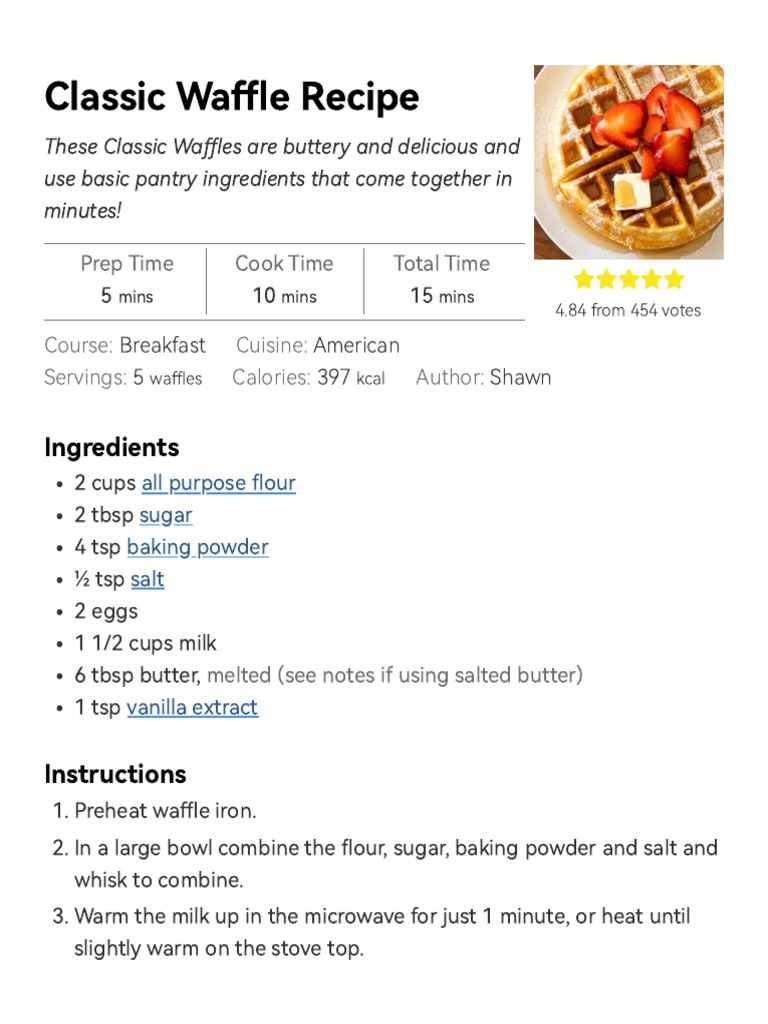 Classic Waffle Recipe Instructions | PDF | Cooking, Food & Wine