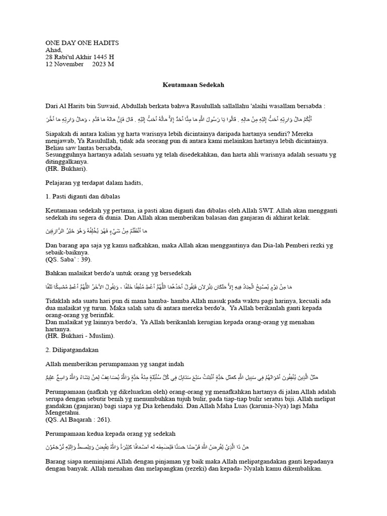 One Day One Hadits (Sedekah) | PDF