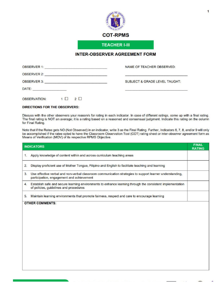 Inter-Observer Agreement Form | PDF Inter-Observer Agreement Form | PDF