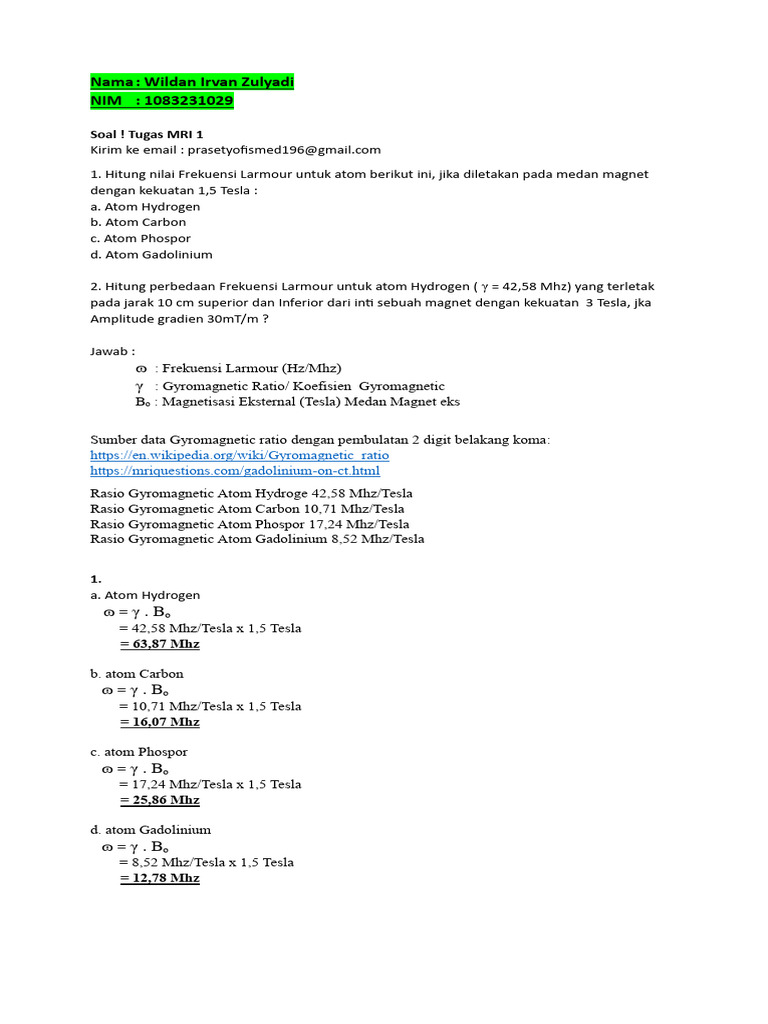 Perhitungan Frekuensi Larmour MRI | PDF