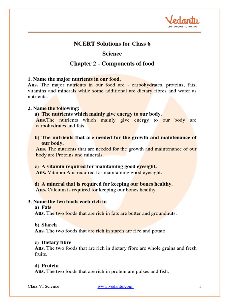 NCERT Solutions For Class 6 Science Chapter 2 - Components of Food ...