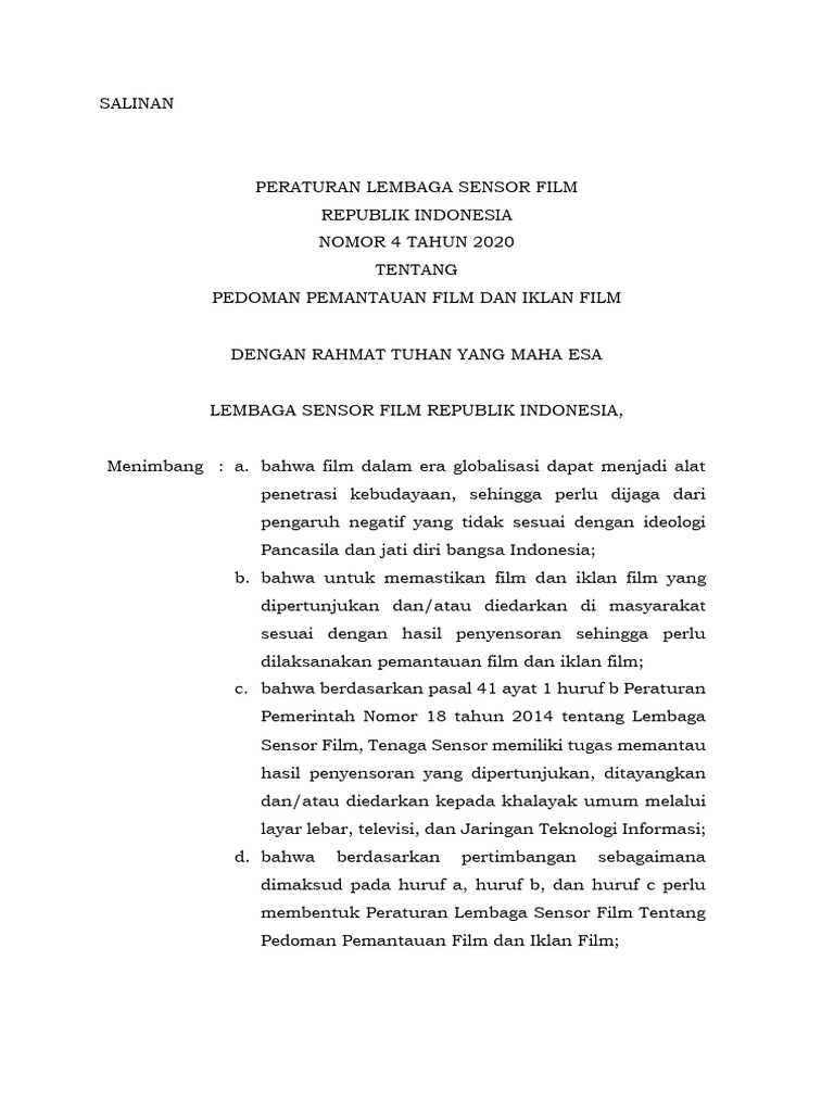 Peraturan LSF No 4 Tahun 2020 Tentang Pedoman Pemantauan Film Dan Iklan Film | PDF