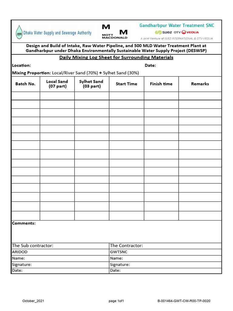 20 - Daily Mixing Log Sheet For Surrounding Materials (B-001464-GWT-CW ...