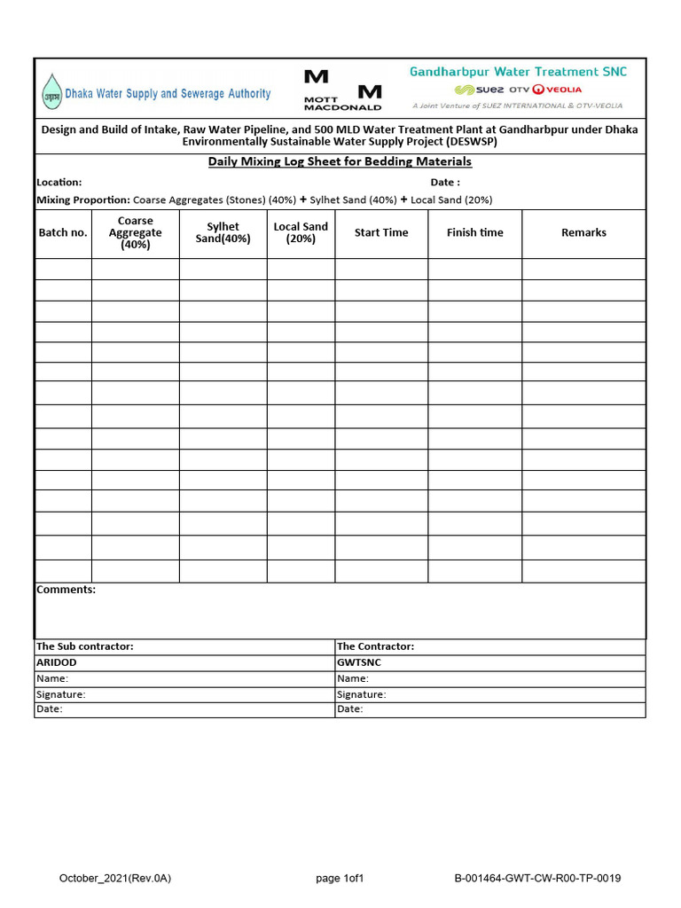 19 - Daily Mixing Log Sheet For Bedding Materials (B-001464-GWT-CW-R00 ...