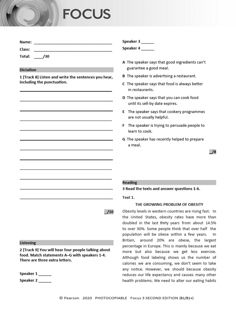 Focus 3 Unit 4 Test: Dictation & Reading | PDF | Obesity | Dieting