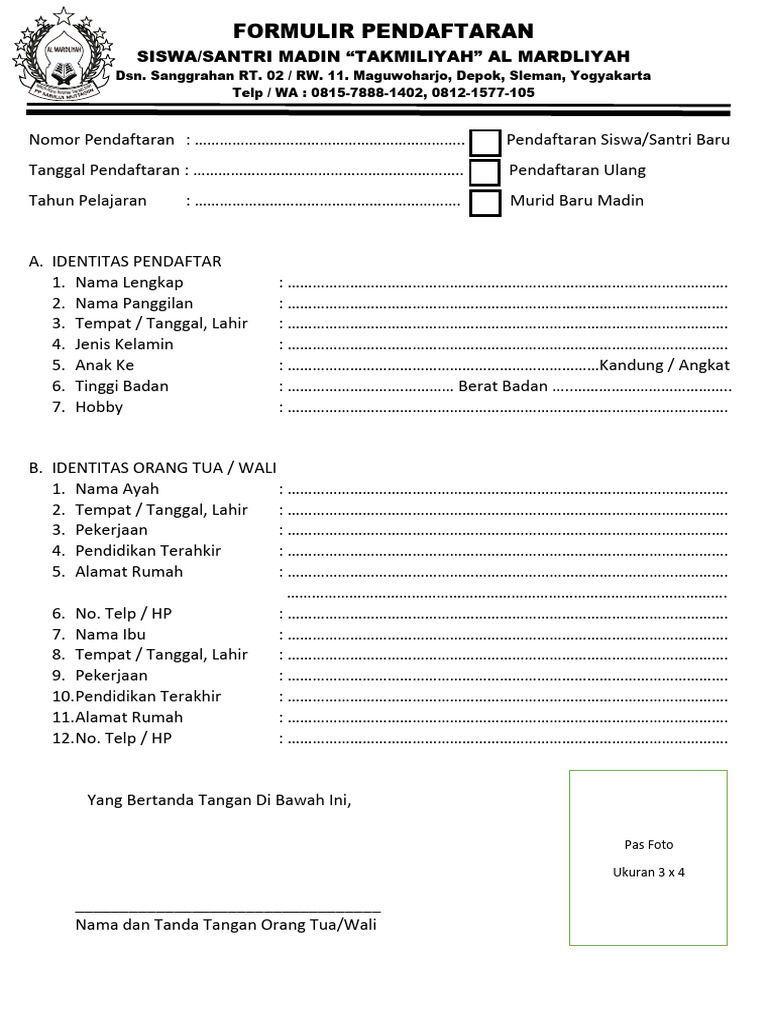 Formulir Pendaftaran Santri Madin | PDF