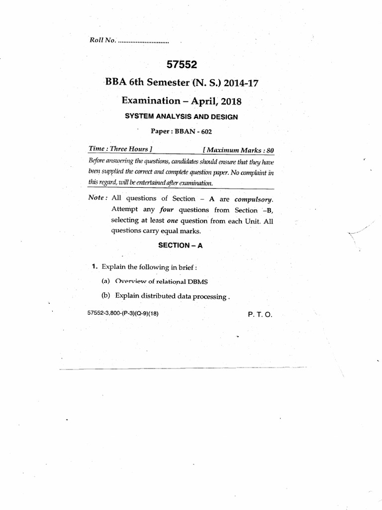 Bba May 2018 6th Sem System Analysis and Design 57552 | PDF