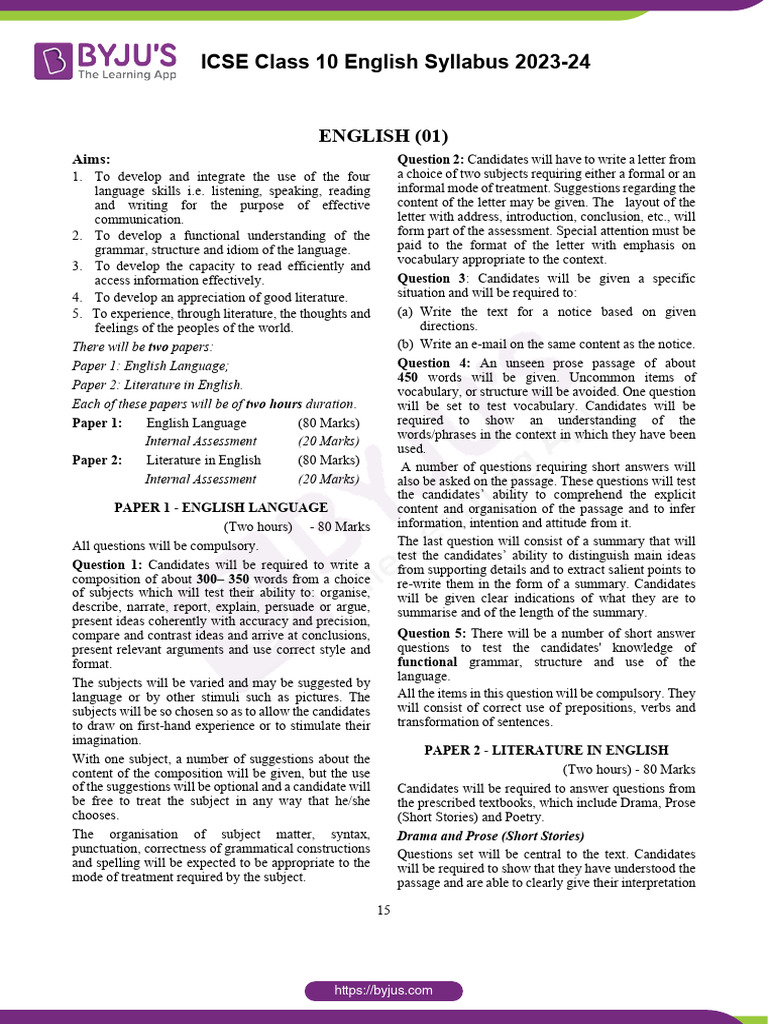 ICSE Class 10 English Syllabus 2023-24 | PDF | Question | Vocabulary