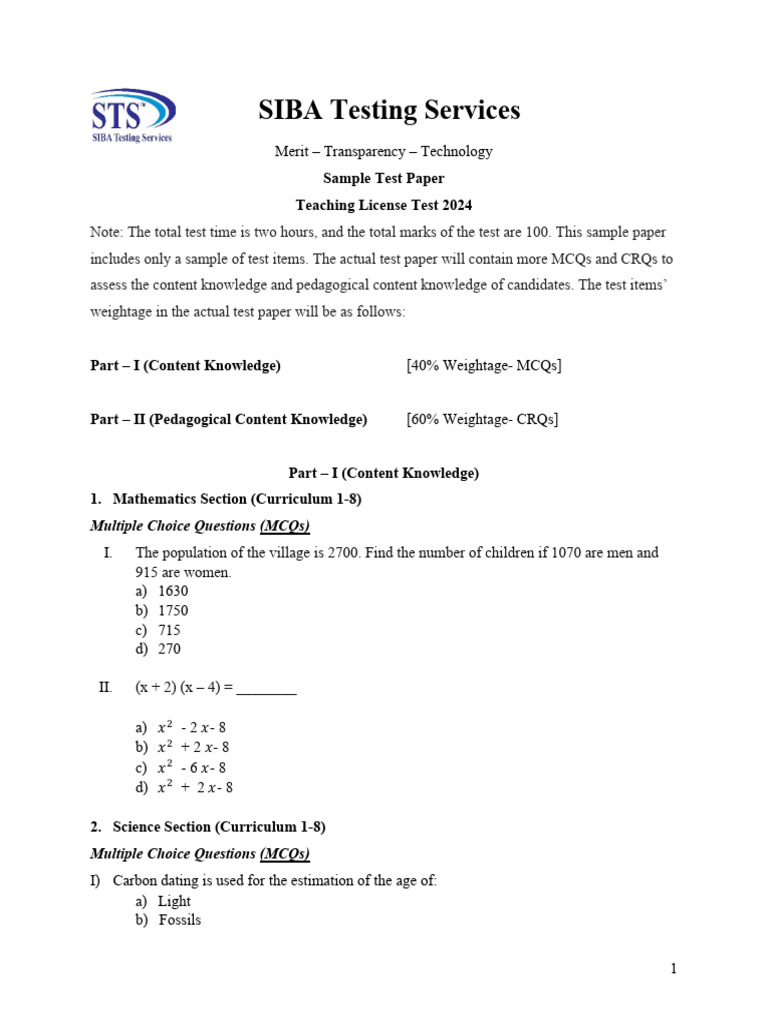 Sample Paper Teaching License Test 11.1.24 STS | PDF | Multiple Choice ...