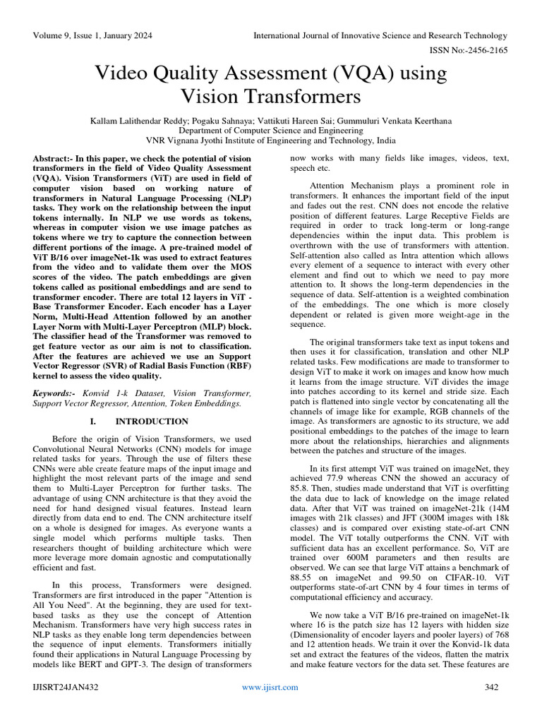 Video Quality Assessment (VQA) using Vision Transformers | PDF