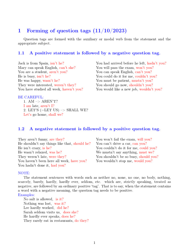 Question Tag | PDF | Verb | Adjective